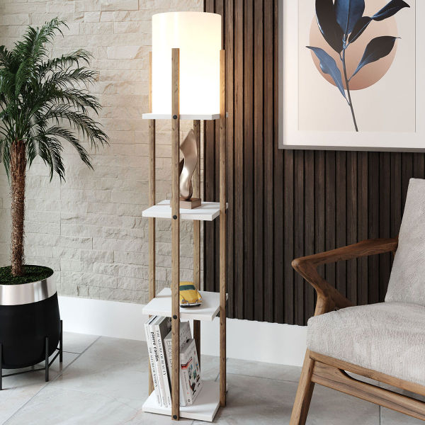 Φωτιστικό Δαπέδου Με Ραφιέρα A-G Nora 390FLH1146 White/Natural ...