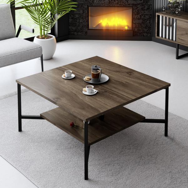 Τραπέζι Σαλονιού Με Ράφι (80x80x40) A-G Black Line 618BLY1150 Walnut ...