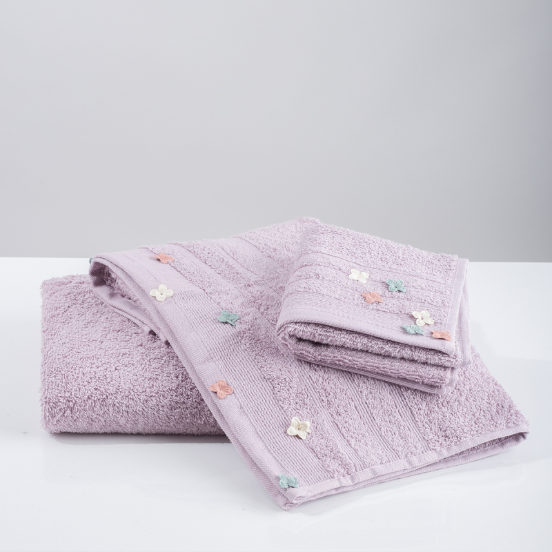 Πετσέτα Προσώπου (50x90) White Fabric Flowers Applique Mauve 500gsm ...